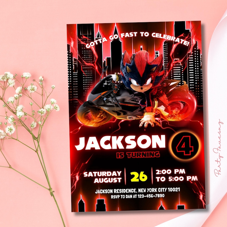 Editable Shadow the Hedgehog Birthday Invitation, Sonic Shadow Birthday ...