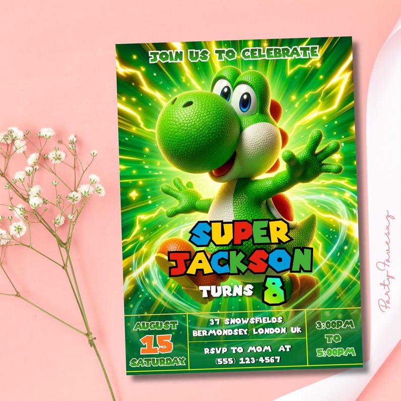 Editable Yoshi Birthday Invitation, Super Mario Yoshi Party Invite ...