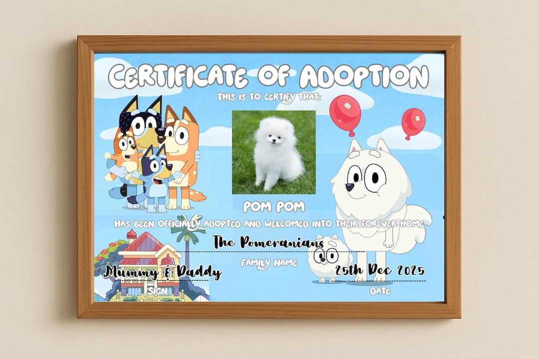 Bluey-themed Pet Adoption Certificate – Editable Template | Pomeranian ...