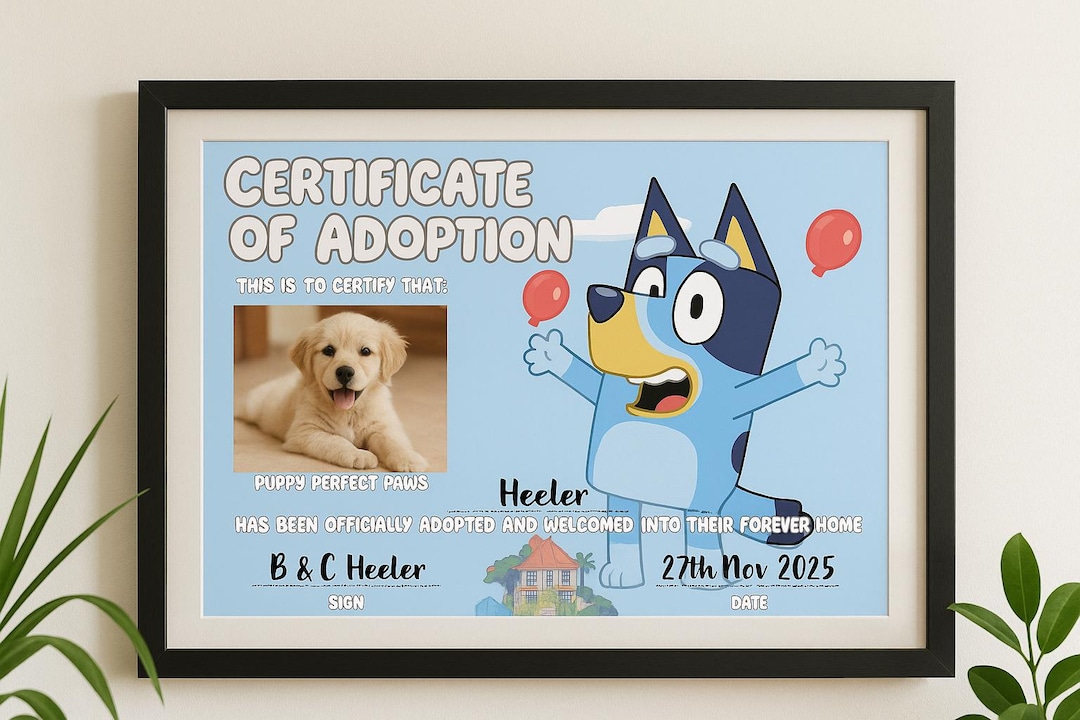 Bluey Certificate of Adoption – Printable Puppy Adoption Certificate ...