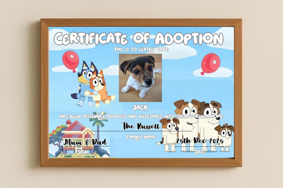 Bluey-themed Pet Adoption Certificate | Jack Russell – Editable Canva ...