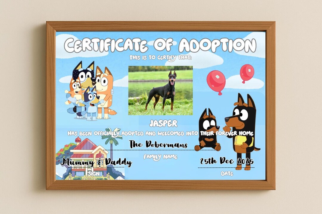 Bluey Inspired Doberman Puppy Adoption Certificate | Printable Pet ...