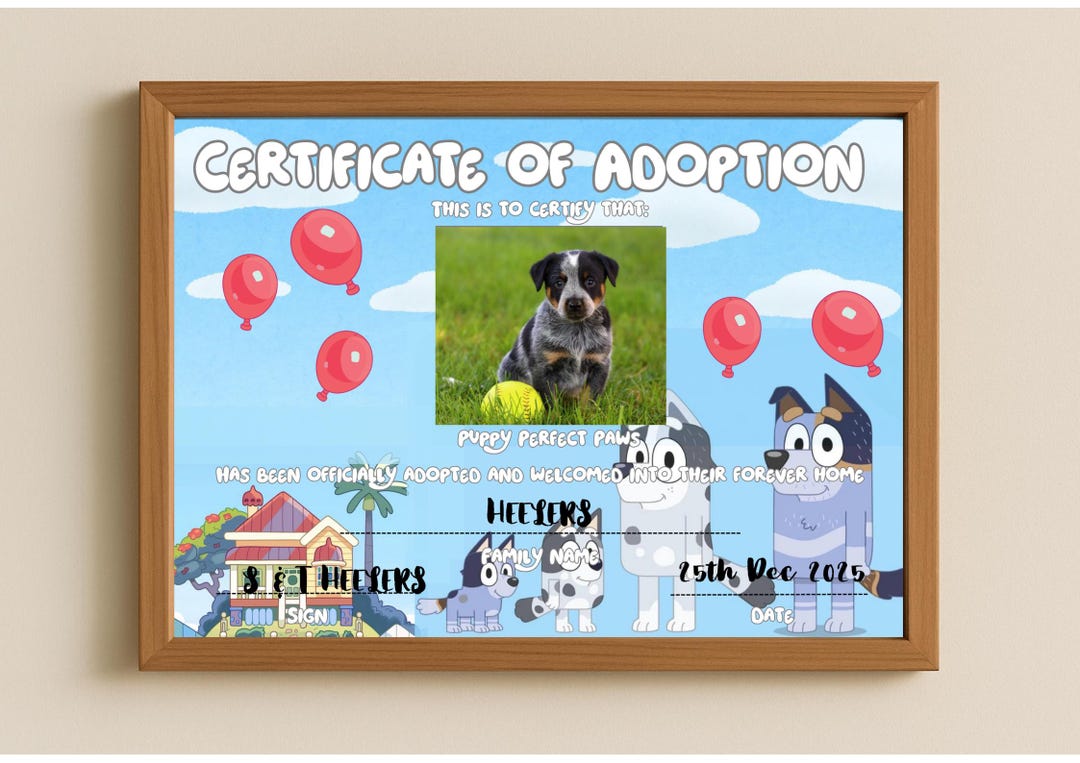 Bluey-themed Puppy Adoption Certificate | Editable Canva Template - Etsy