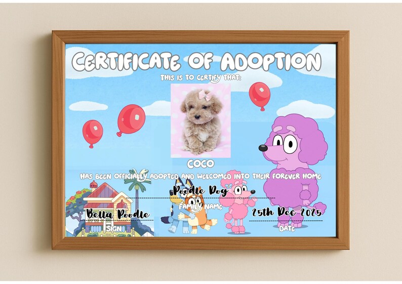 Poodle Puppy Adoption Certificate Bluey-inspired – Editable Printable ...
