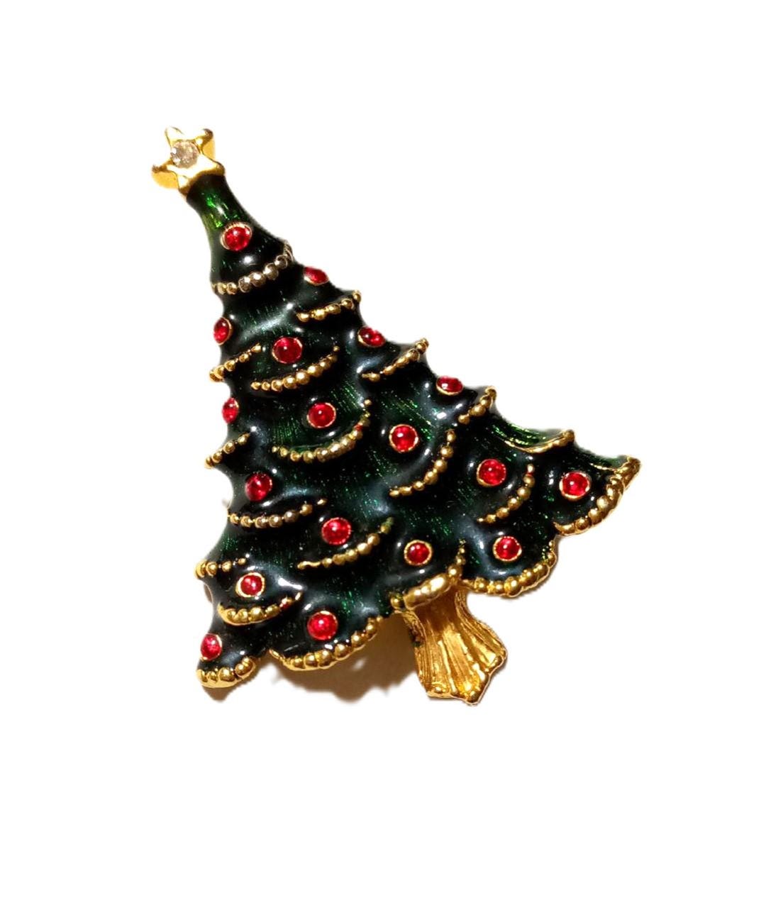 Vintage Christmas Tree Pin ~ Shiny Green & Red Enamel, Rhinestone Star ...