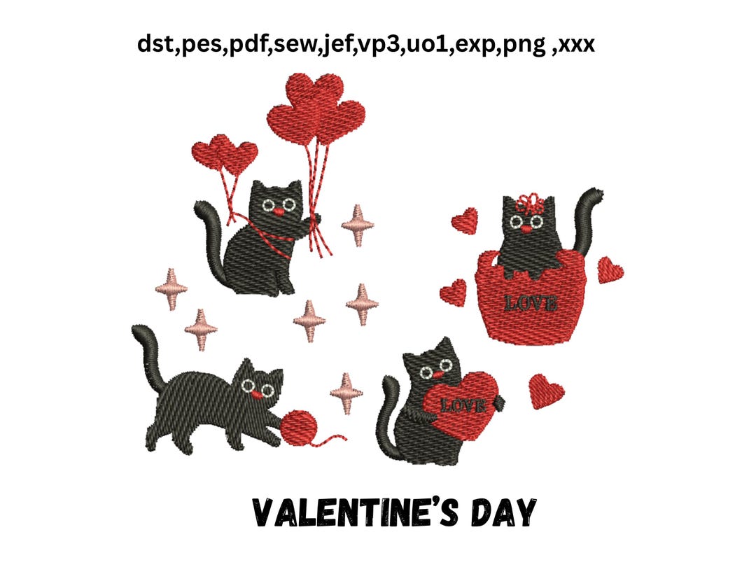 Valentine Cat Embroidery Design | Love Cats (DST PES JEF VP3) (digital ...