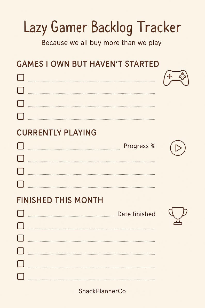 Lazy Gamer Backlog Tracker Printable | Video Game Log | Gaming Planner ...