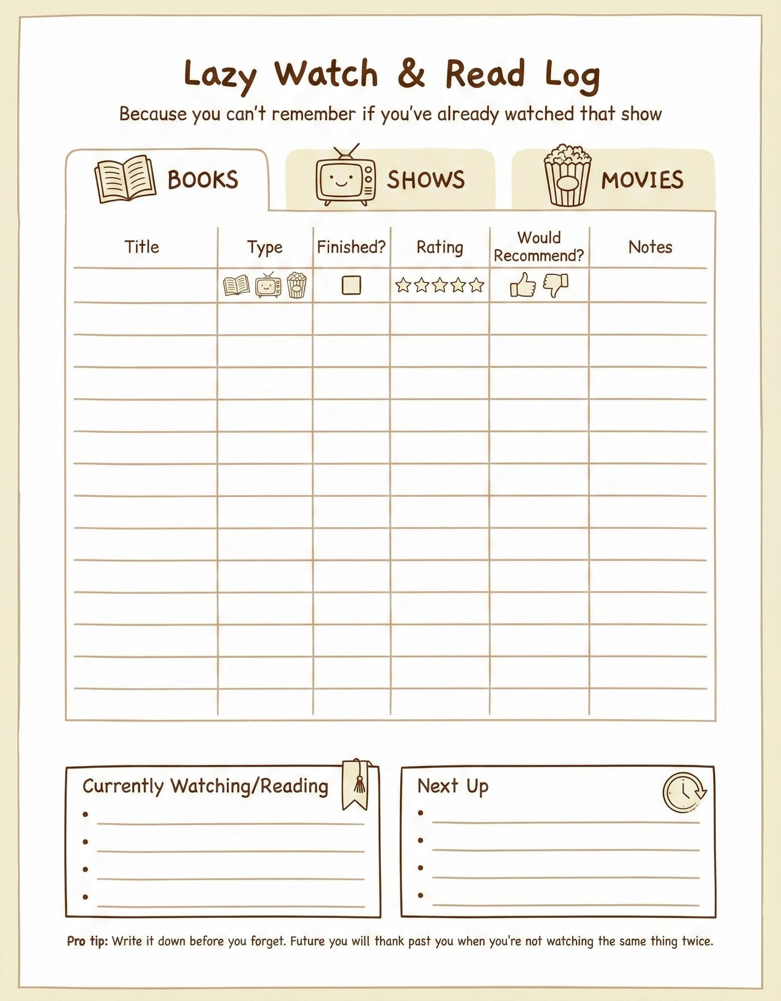 Watch & Read Log | Book, Movie, TV Show Tracker (printable PDF) - Etsy