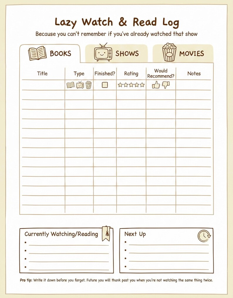 Watch & Read Log | Book, Movie, TV Show Tracker (printable PDF) - Etsy