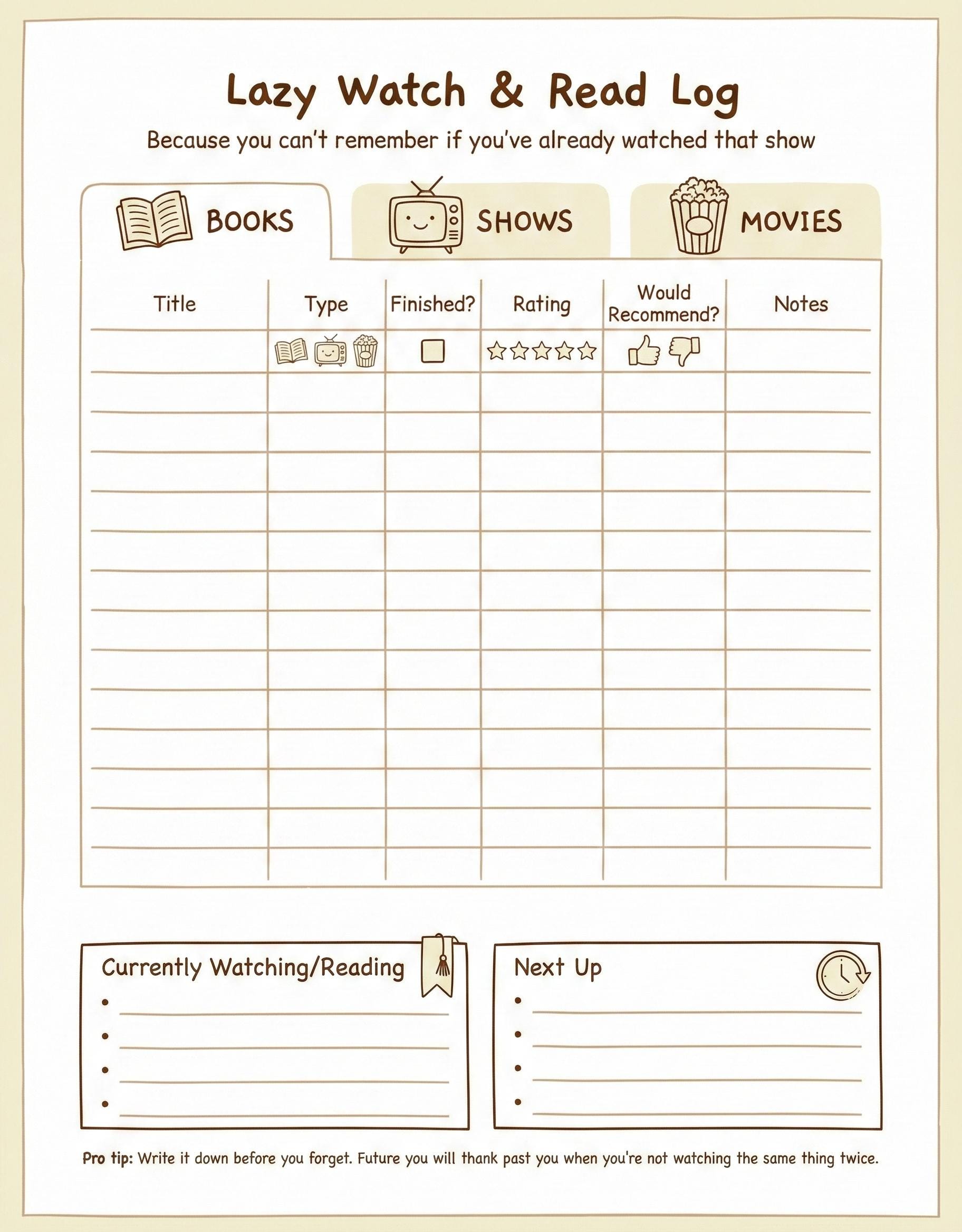 Watch & Read Log | Book, Movie, TV Show Tracker (printable PDF) - Etsy
