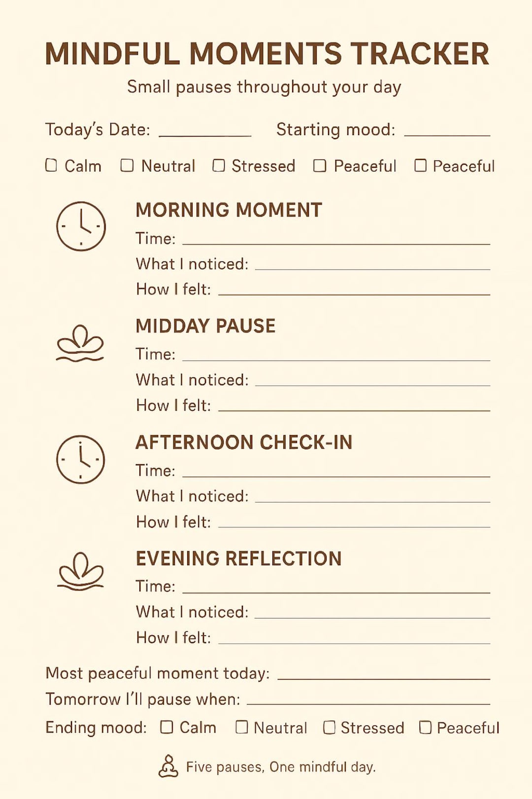 Mindful Moments Tracker Daily Mindfulness Log Printable Self Care ...