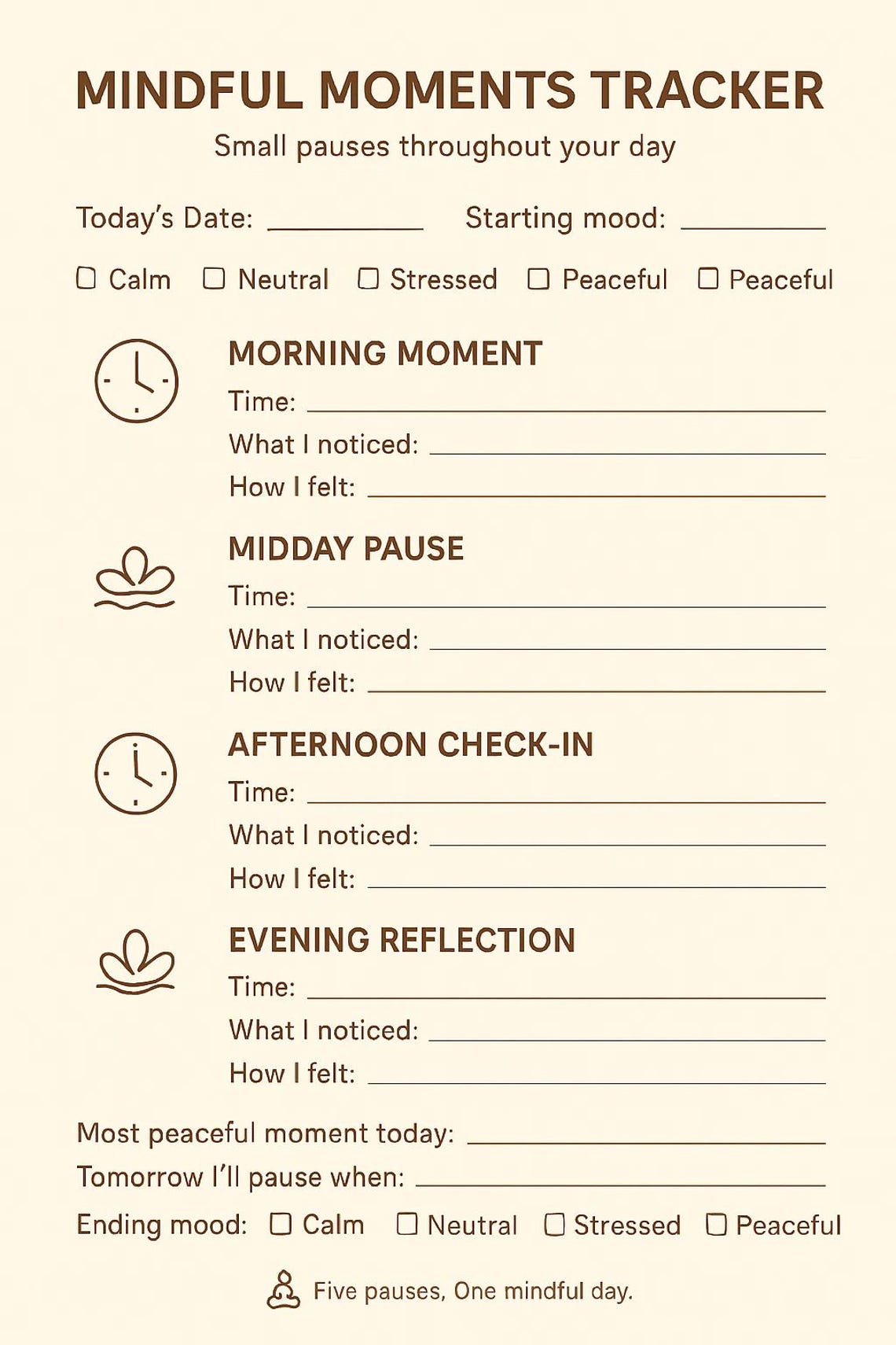Mindful Moments Tracker Daily Mindfulness Log Printable Self Care ...