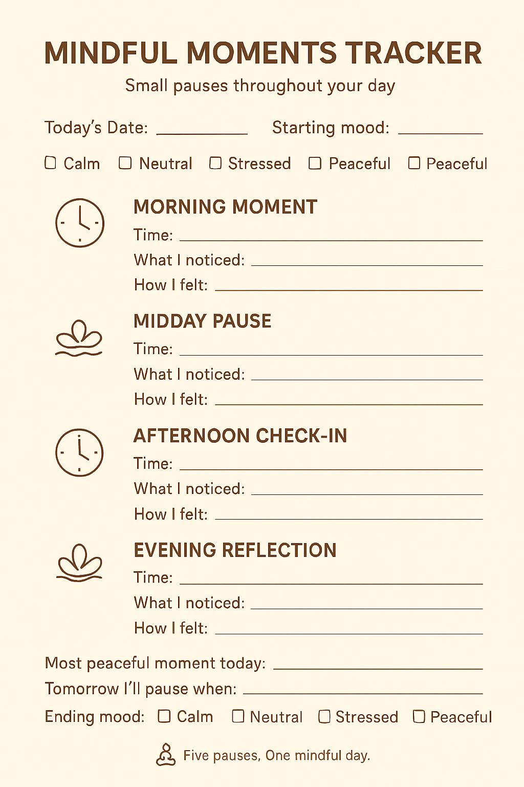 Mindful Moments Tracker Daily Mindfulness Log Printable Self Care ...