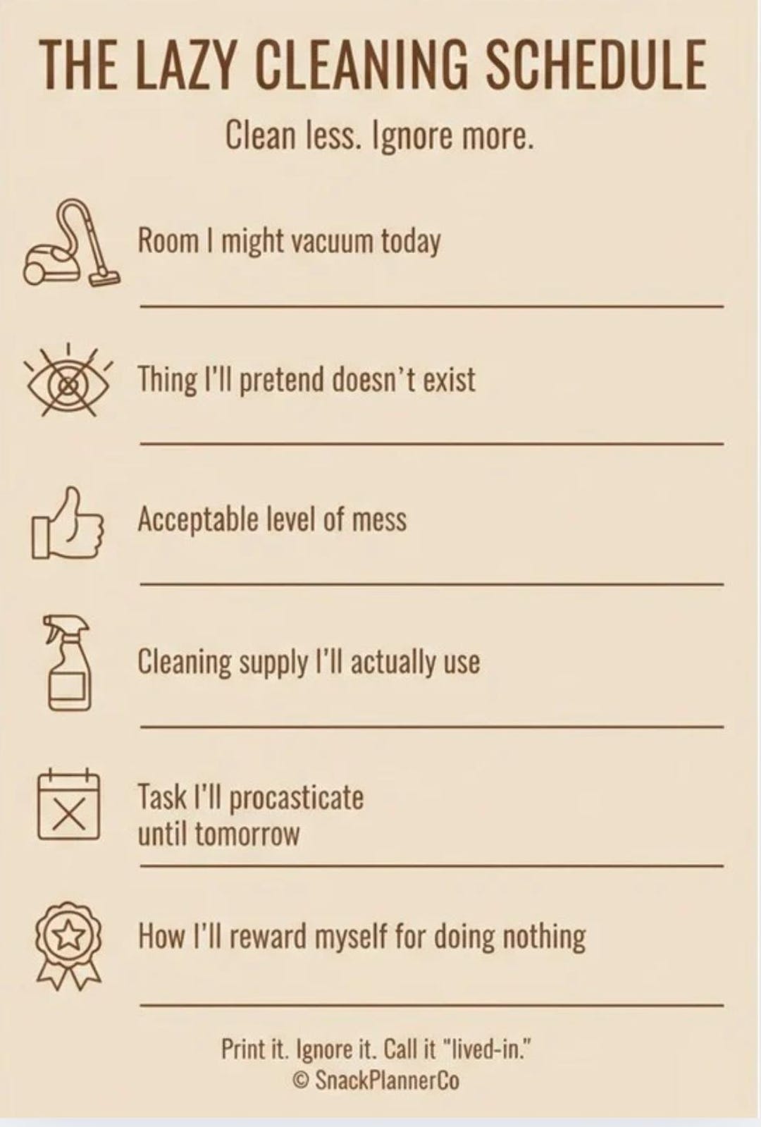 Lazy Cleaning Schedule Printable PDF | Funny Chore Planner | Humor Gift ...