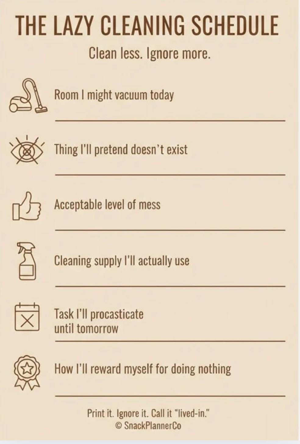 Lazy Cleaning Schedule Printable PDF | Funny Chore Planner | Humor Gift ...