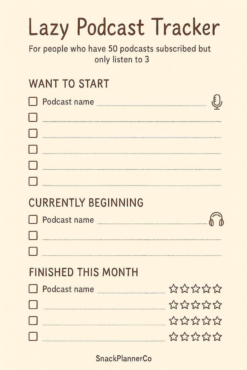 Lazy Podcast Tracker Printable | Podcast Log | Listening Planner PDF - Etsy
