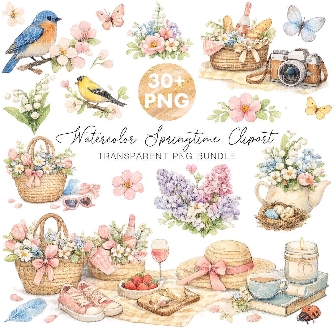 Watercolor Spring Clipart Bundle PNG | Birds Butterflies Flowers ...