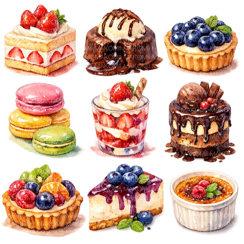 Watercolor Desserts Clipart Bundle PNG | Shiny Sweet Treats Set | Cakes ...