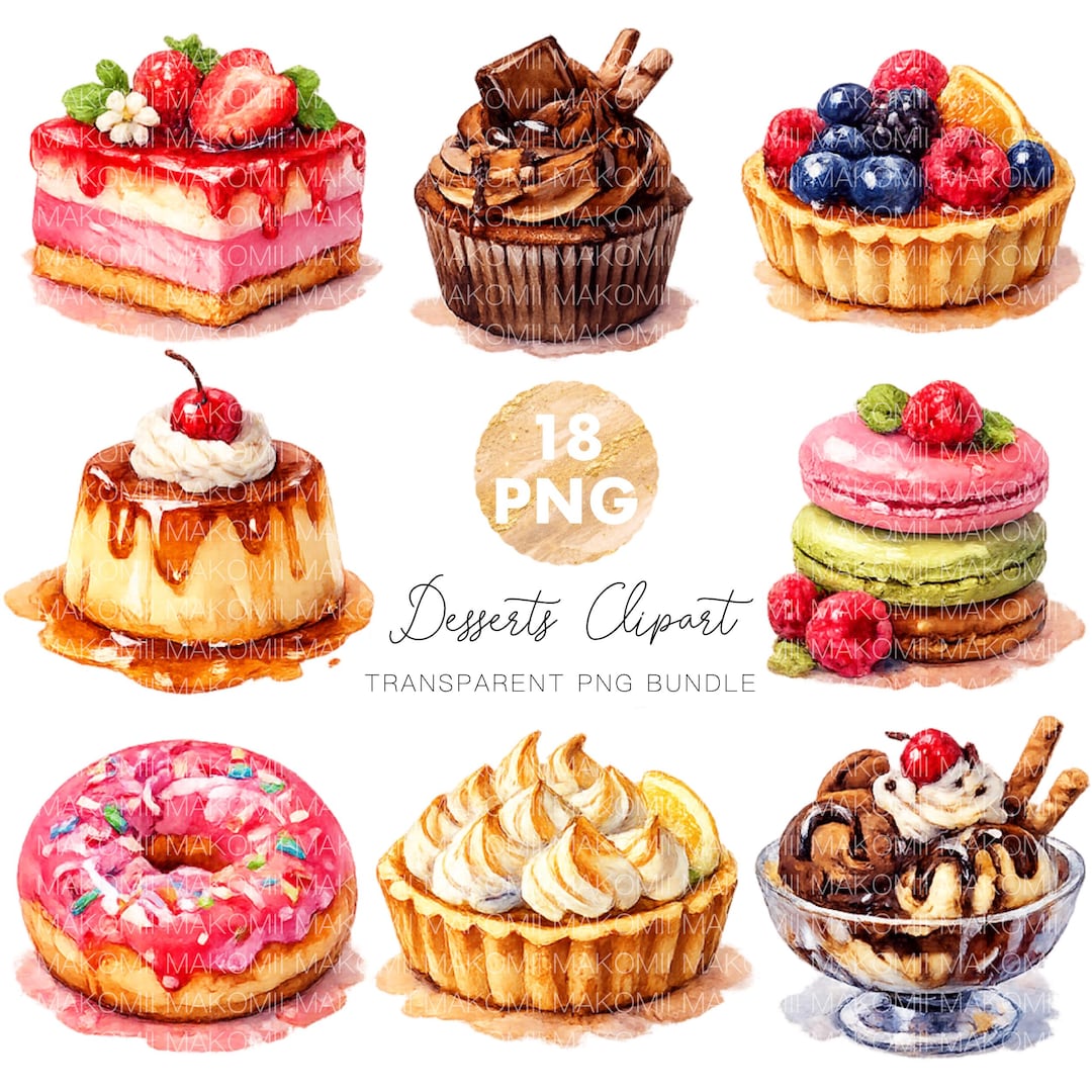 Watercolor Desserts Clipart Bundle PNG | Shiny Sweet Treats Set | Cakes ...