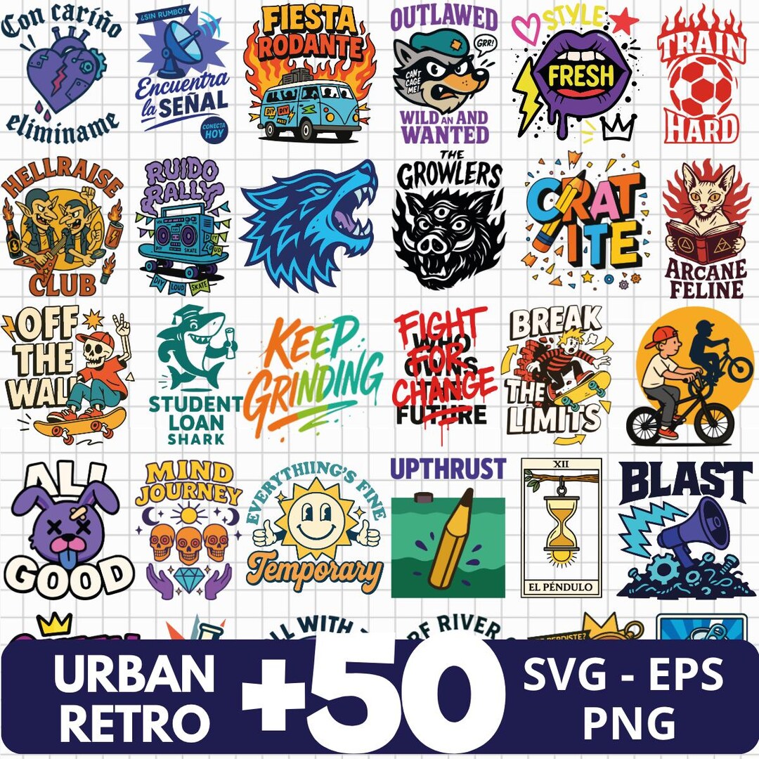 50 Urban Retro SVG Bundle Skate Streetwear Mascot Graffiti Designs ...