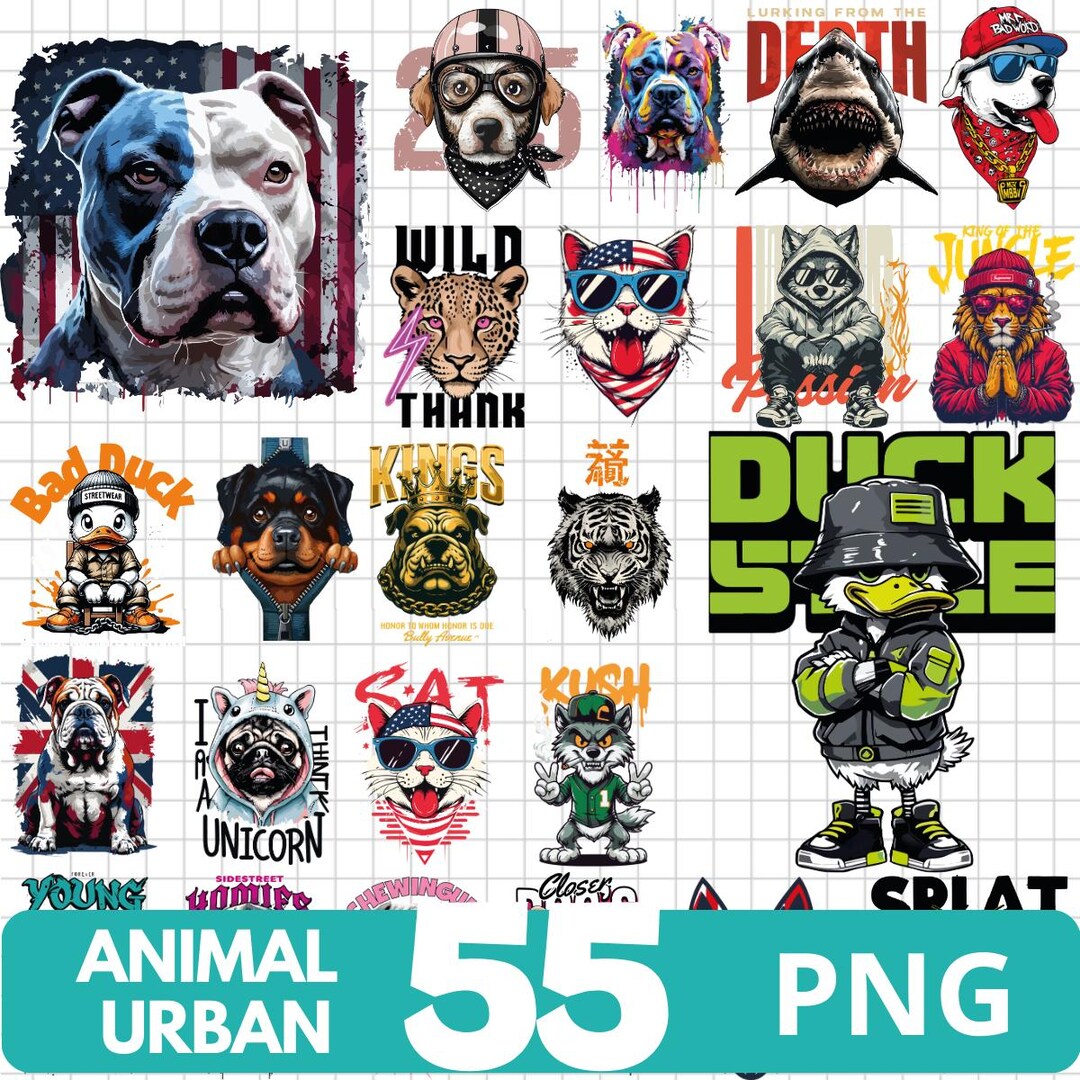 50 Urban Animal Graffiti Designs: Streetwear Mascot PNG Bundle - Etsy