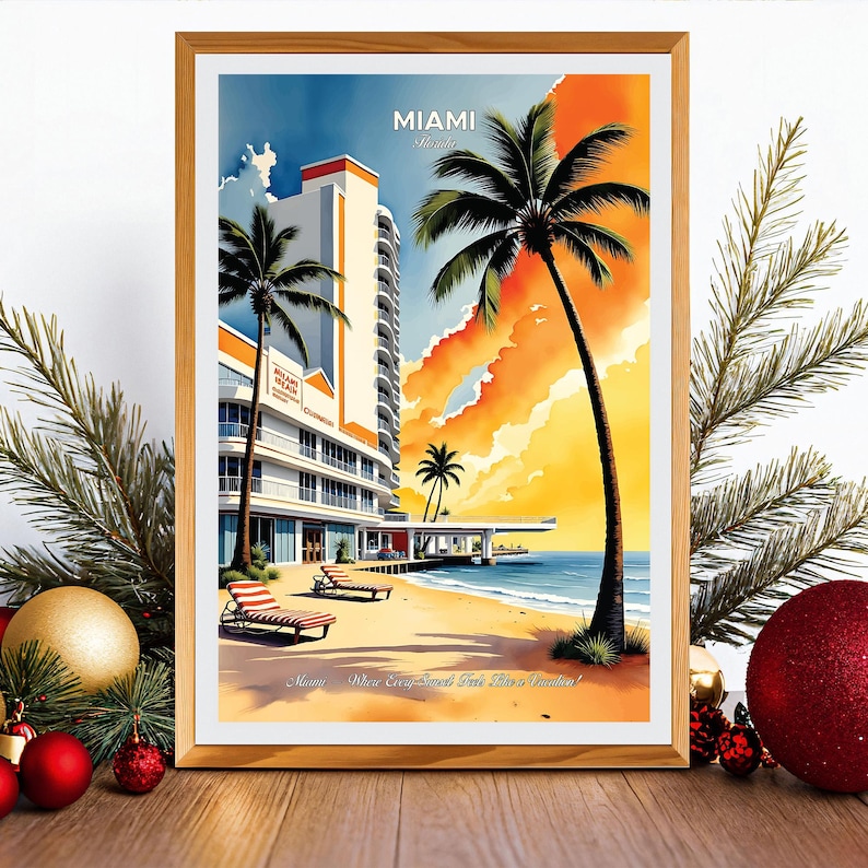 Miami Art Deco Travel Poster: Sunset Beach Hotel Wall Art Print ...