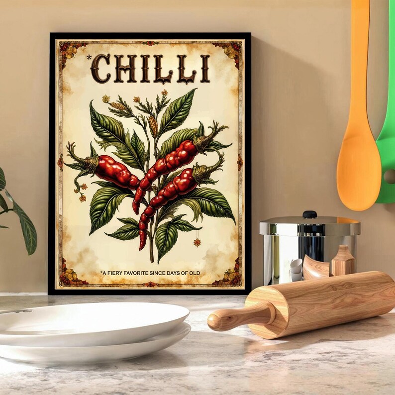 Vintage Chili Peppers Wall Art: Retro Kitchen Botanical Printable ...