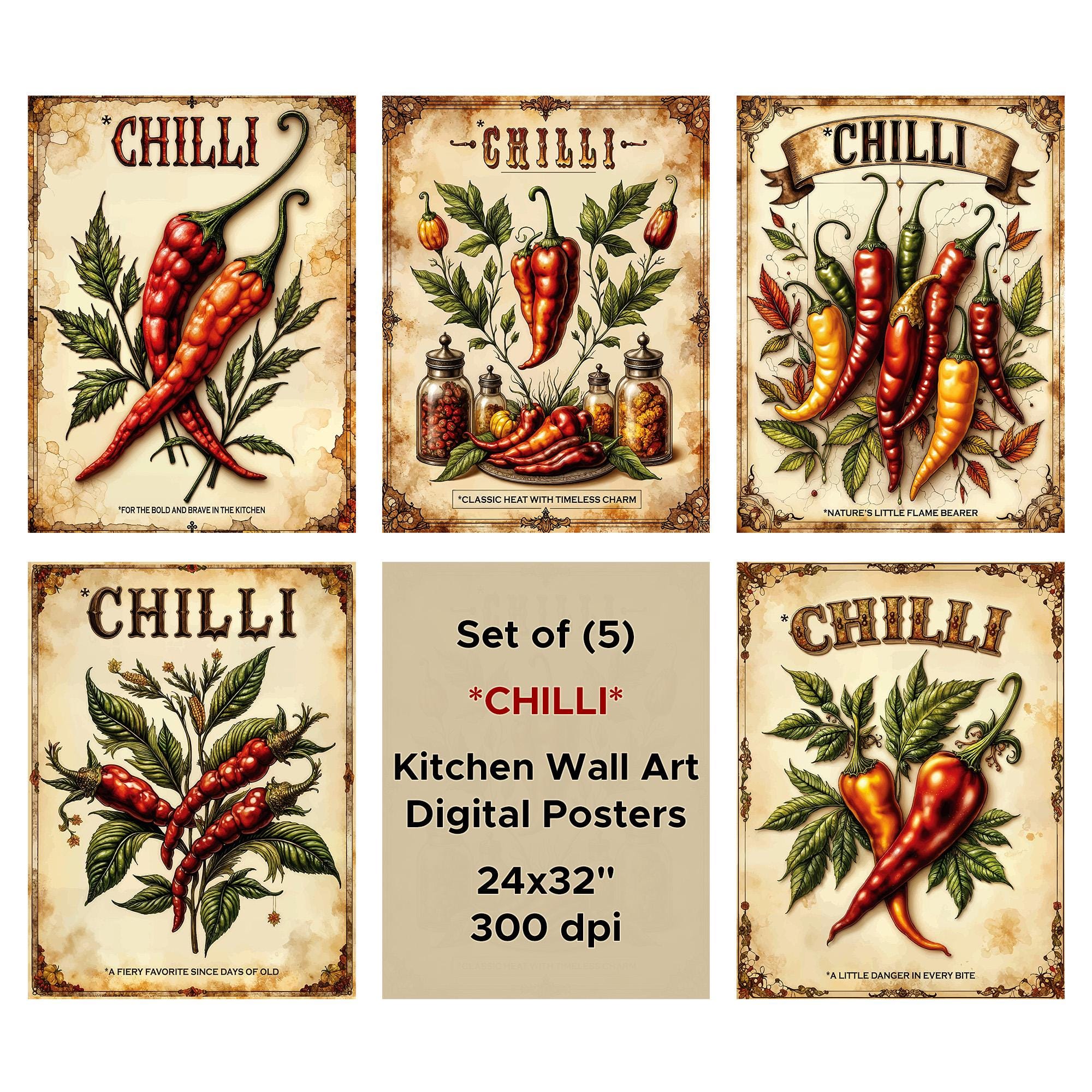 Retro Chili Pepper Kitchen Poster Set: Vintage Botanical Wall Art ...