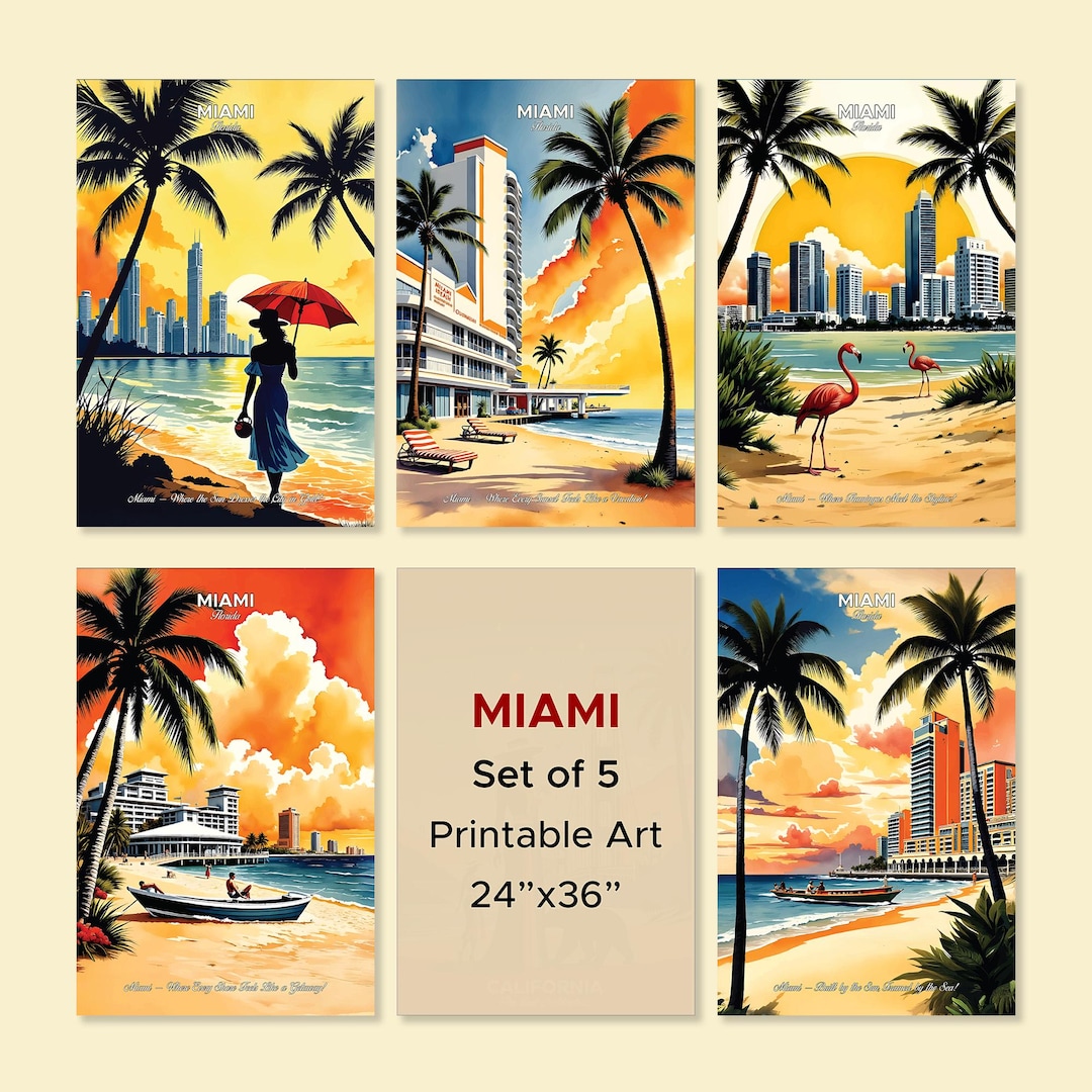 Miami Florida Travel Poster Set: Vintage Coastal City Prints, Beach ...