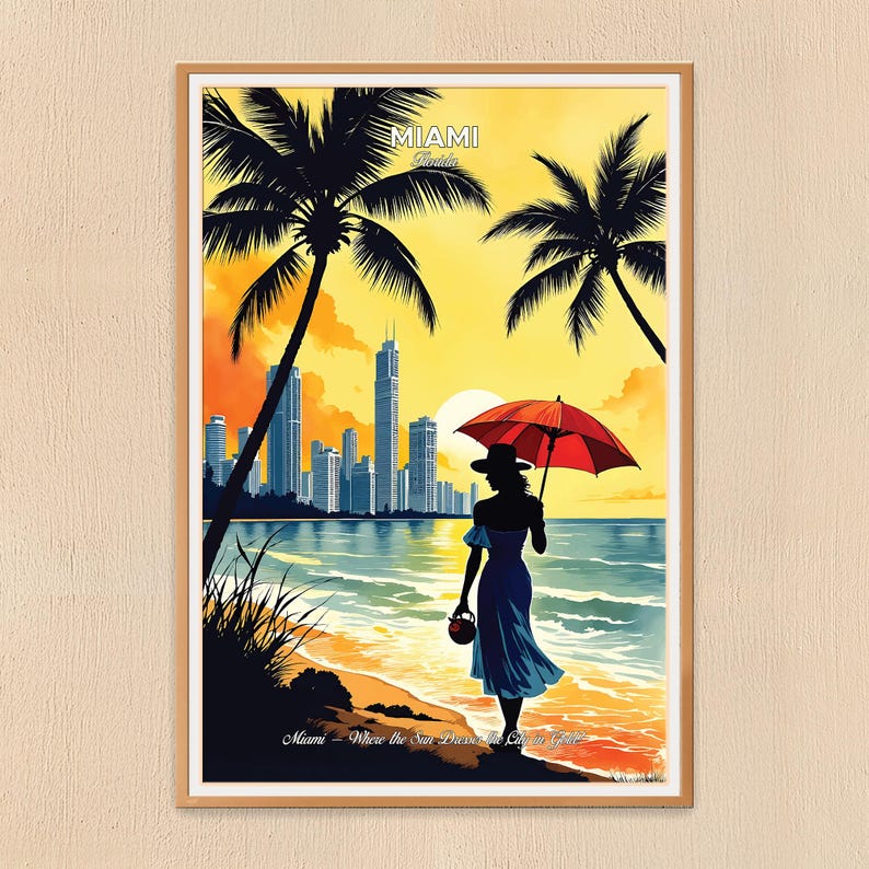 Miami Florida Travel Poster Set: Vintage Coastal City Prints, Beach ...