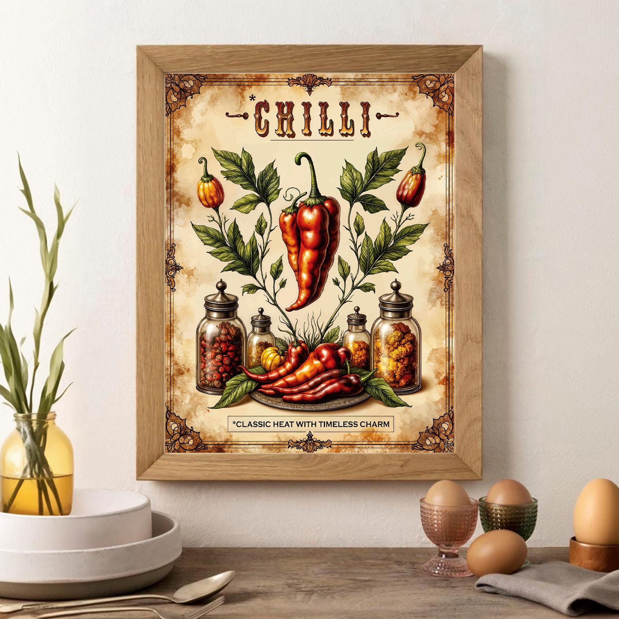 Retro Chili Pepper Kitchen Poster Set: Vintage Botanical Wall Art ...