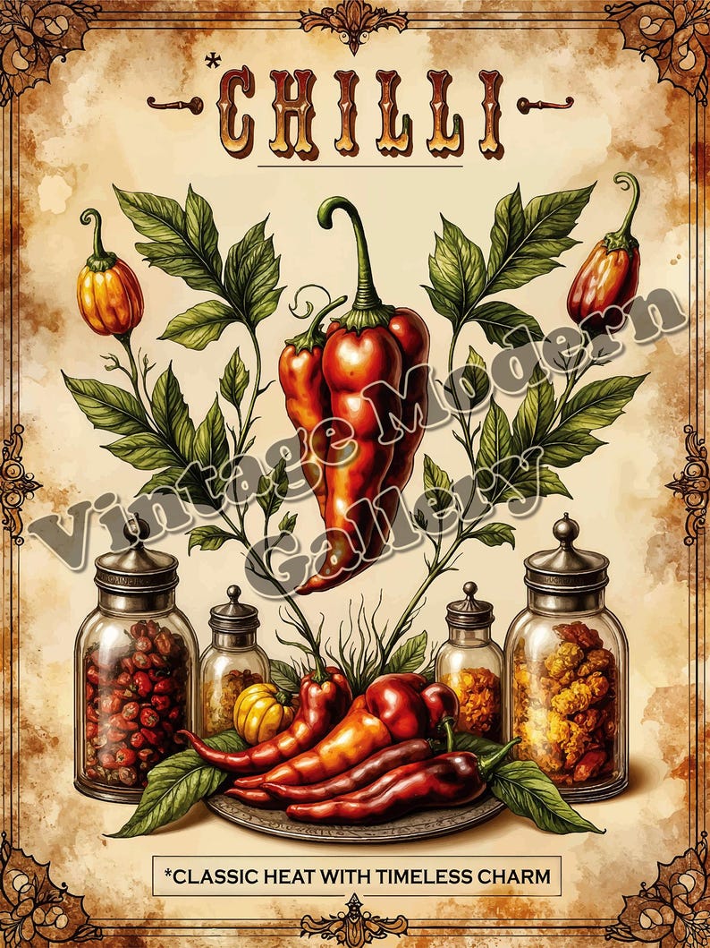 Retro Chili Pepper Kitchen Poster Set: Vintage Botanical Wall Art ...