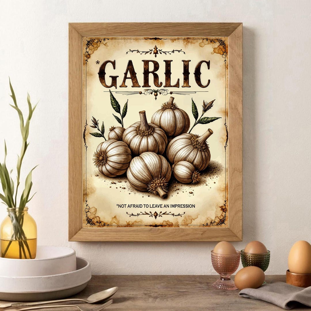 Retro Garlic Wall Art Prints: Vintage Kitchen Herb Botanical Posters ...