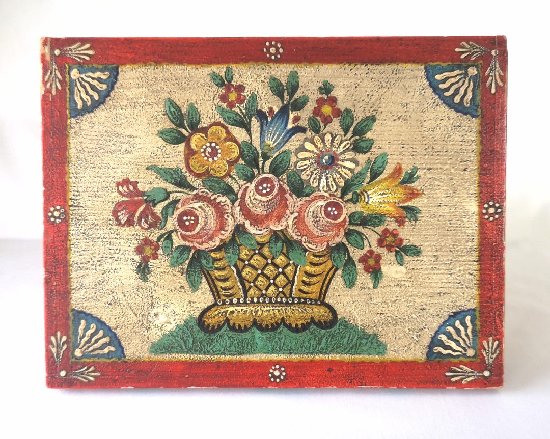 Antique German Folk Art Wooden Box, Hand Painted Floral Bauernmalerei ...