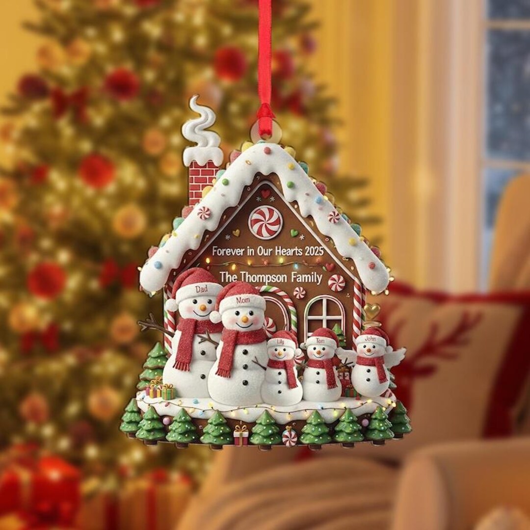 Personalized Snowman Ornament: Memorial Gingerbread House With Snowmen ...