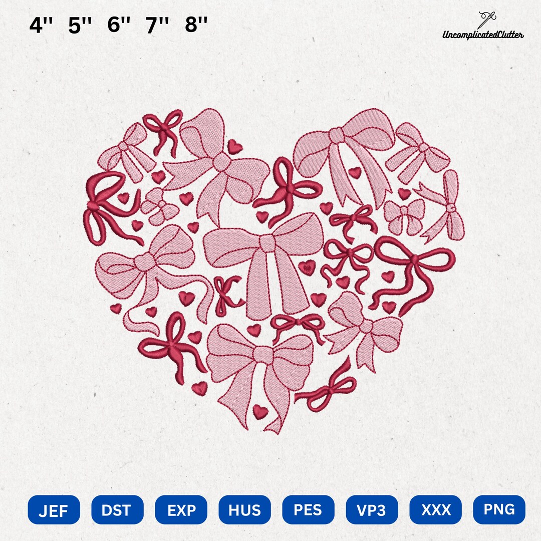 Heart Bow Embroidery Design | Pink Bows Valentine Machine Embroidery ...