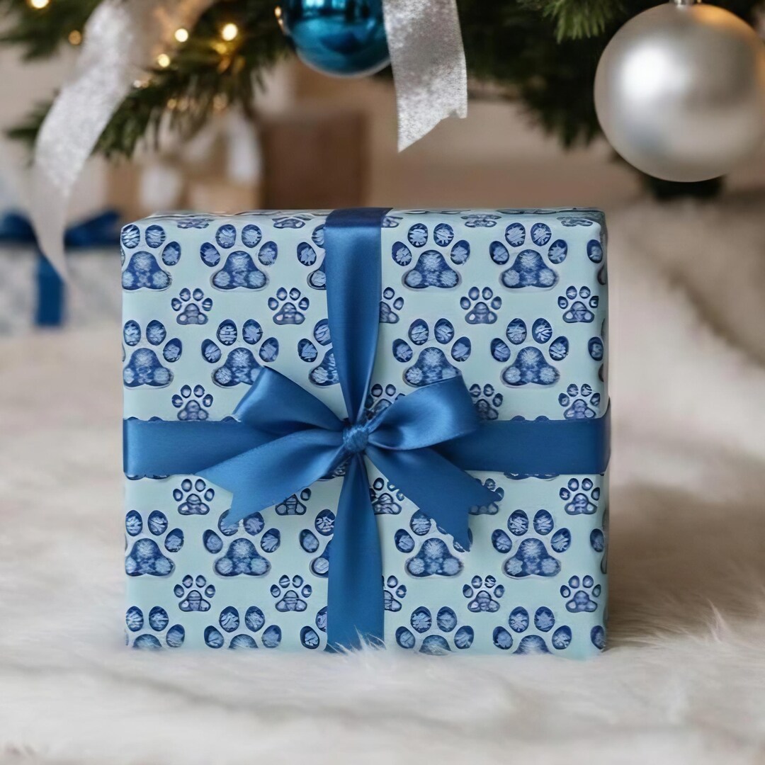 Light Blue Snowflake Paw Print Premium Wrapping Paper, Holiday Pet Gift ...