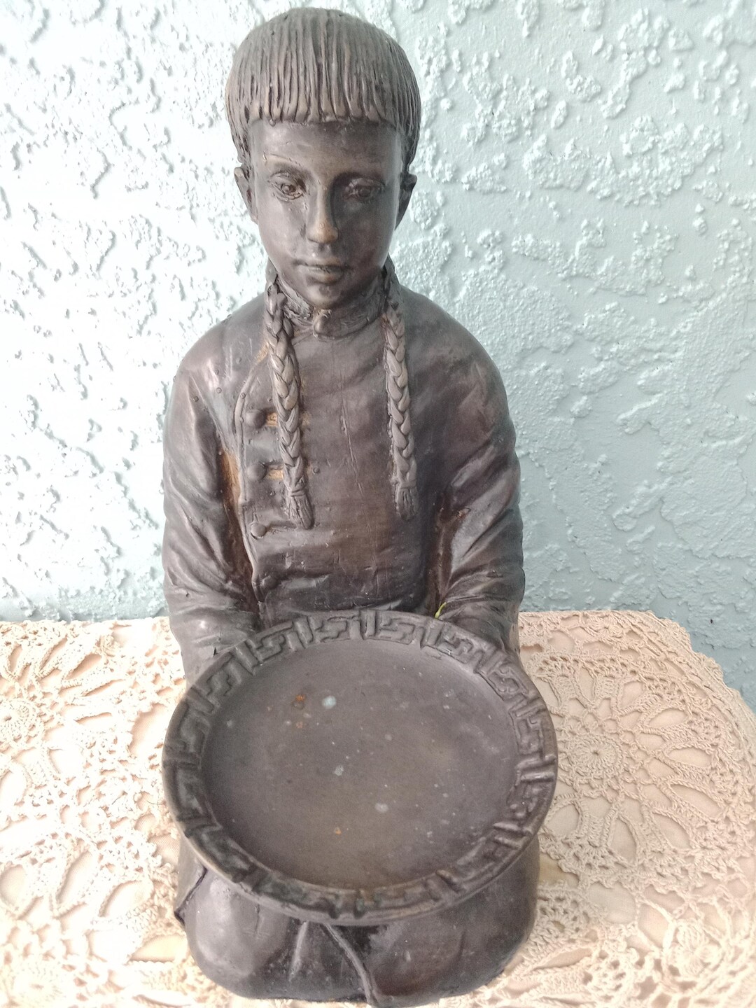 Vintage Bronze Sculpture Asian Monk W/braids Kneeling Holding Tray for ...
