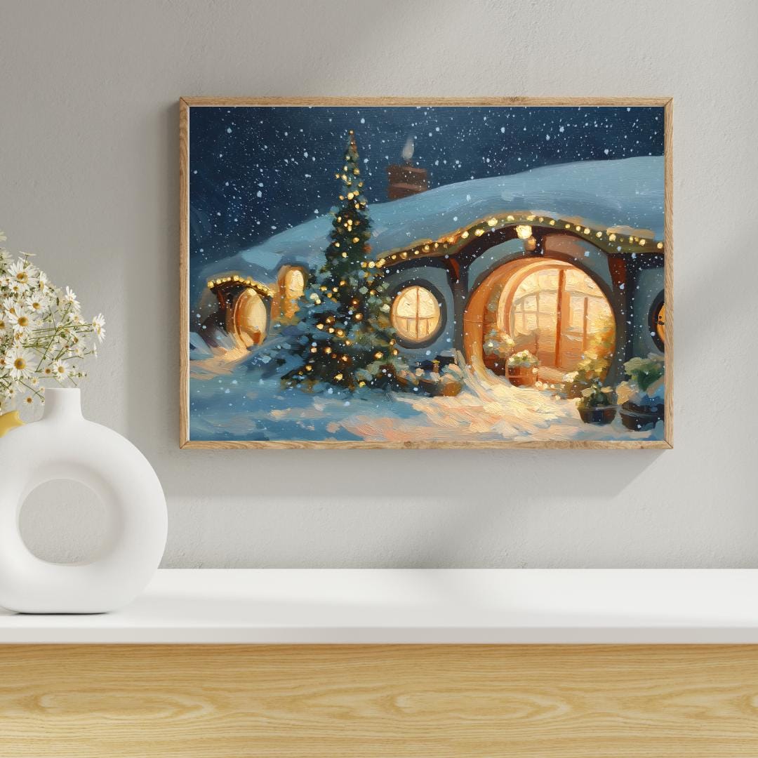 Hobbit Christmas Cottage Print – Cozy Winter Fantasy Art, Shire Holiday ...