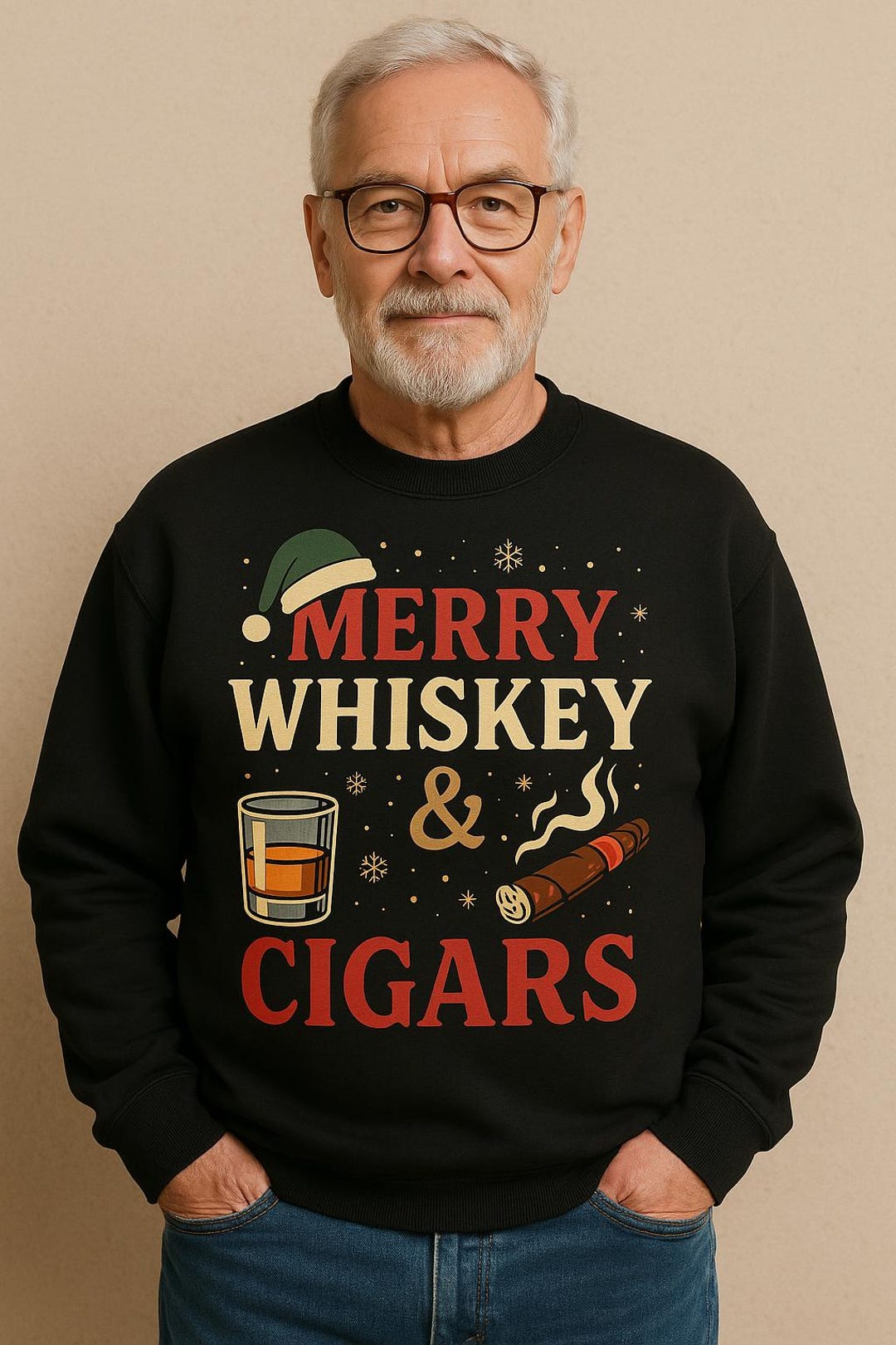 Merry Whiskey & Cigars Sweatshirt | Holiday Whiskey Cigar Design - Etsy