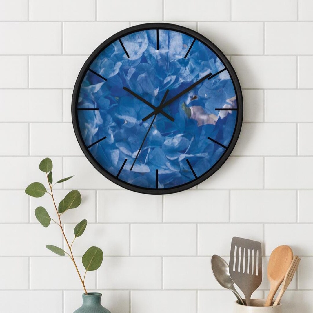 Floral Wall Clock, Blue Hydrangea, Soft Blur Photo Collage, Icy Patina ...