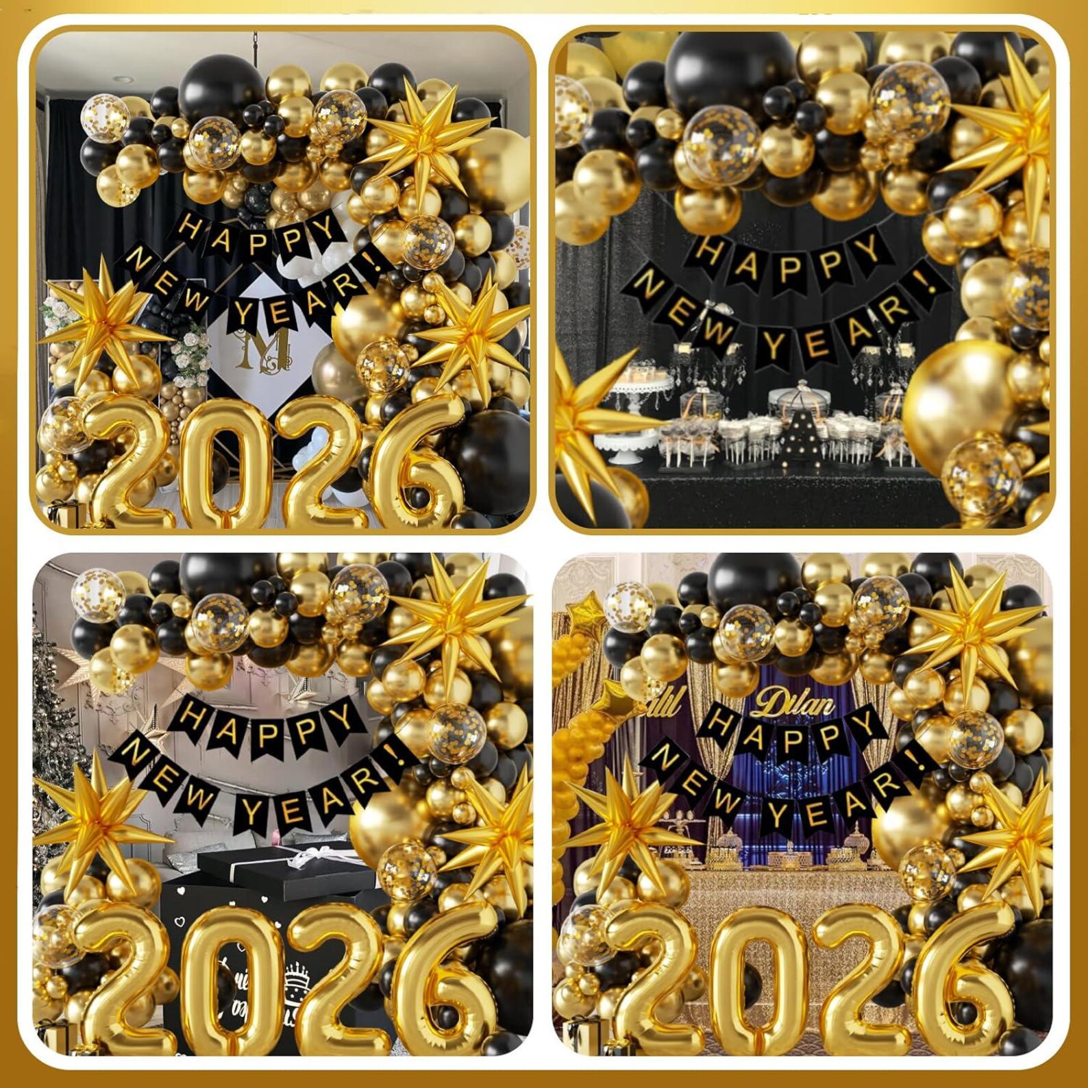 2026 Balloon Garland Kit Black Gold Balloons With Happy New Year Banner ...