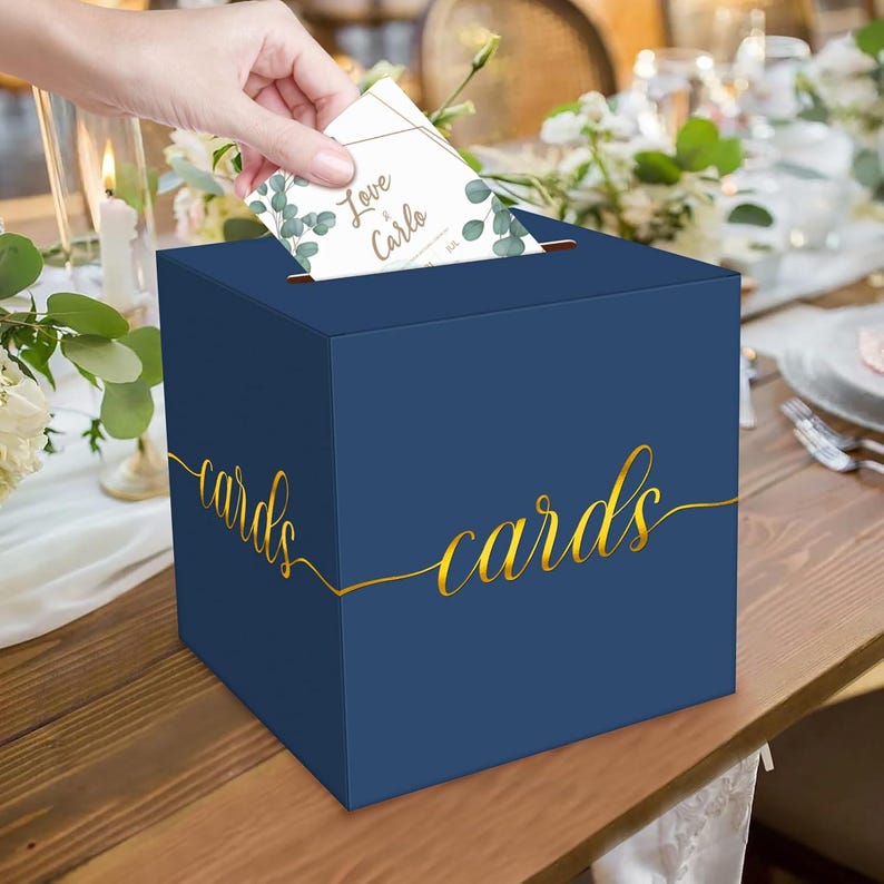 Navy Blue & Gold Card Box, Money Gift Box for Wedding, Birthday, Baby ...