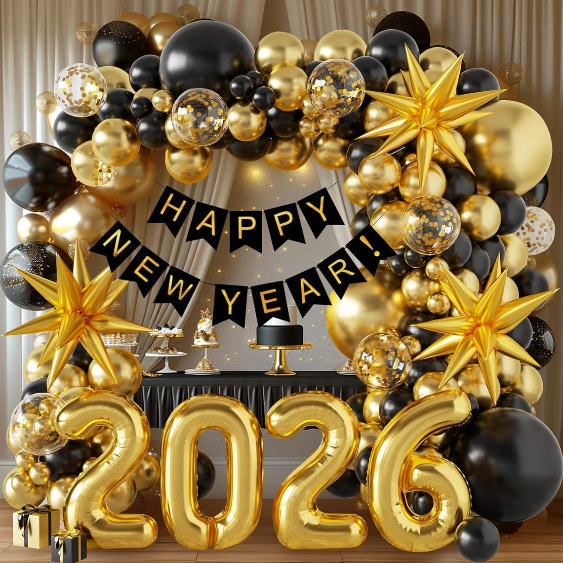 2026 Balloon Garland Kit Black Gold Balloons With Happy New Year Banner ...