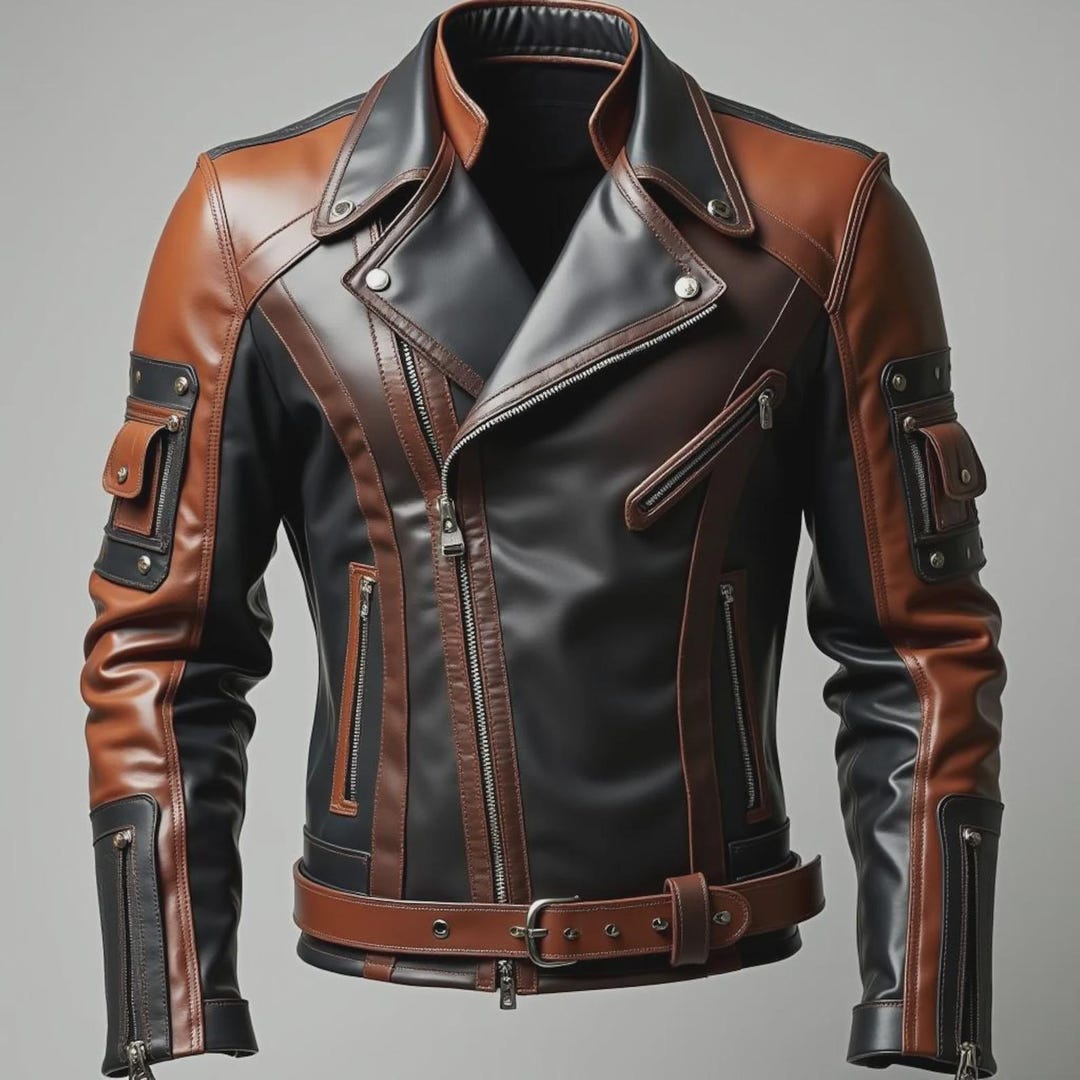Handmade Dual-tone Leather Biker Jacket | Brown & Black Moto Coat - Etsy