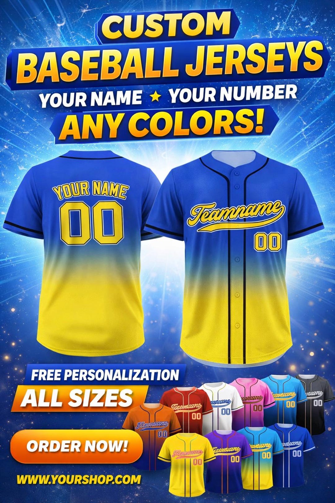 Printed Blue Yellow Gradient Custom Baseball Jersey With Teamname Name ...