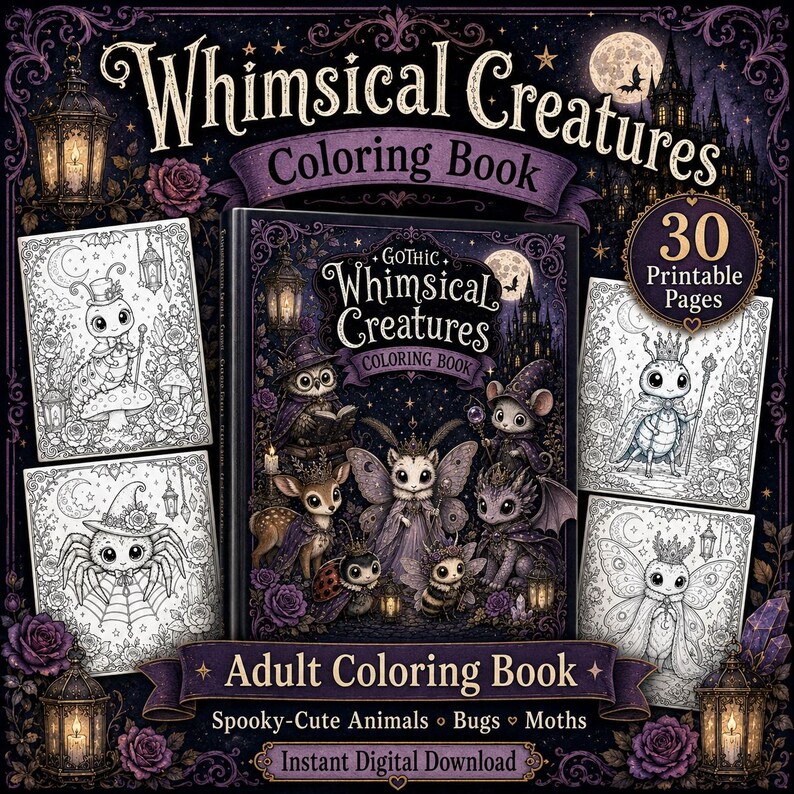 Gothic Whimsical Creatures Adult Coloring Book, Spooky Animals Moths ...