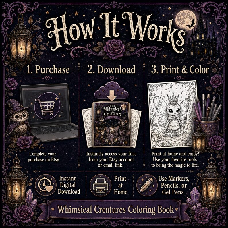 Gothic Whimsical Creatures Adult Coloring Book, Spooky Animals Moths ...