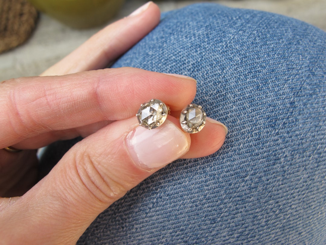 Antique Rose Cut Diamond Collet Set in Silver and 14k Yellow Gold Stud ...
