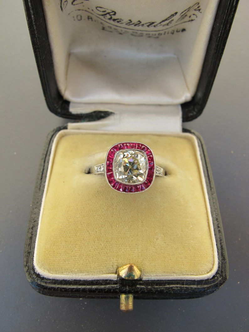 Art Deco Style Platinum Diamond and Ruby Halo Engagement Ring | Etsy